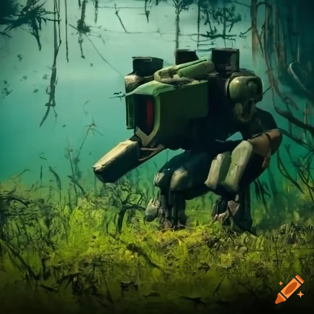 Photograph of a woodland style mecha in a swamp on Craiyon