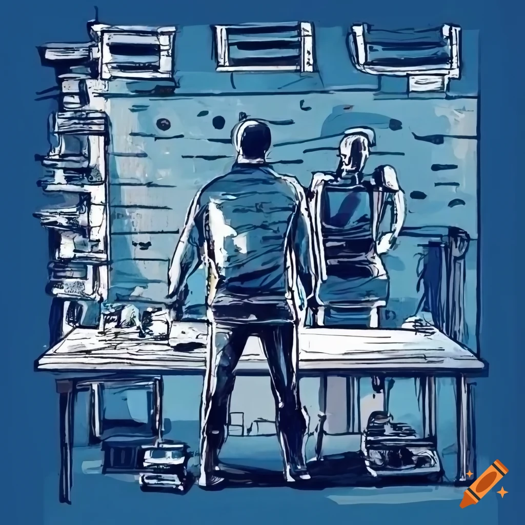 Blue-toned painting of a man in a workshop on Craiyon