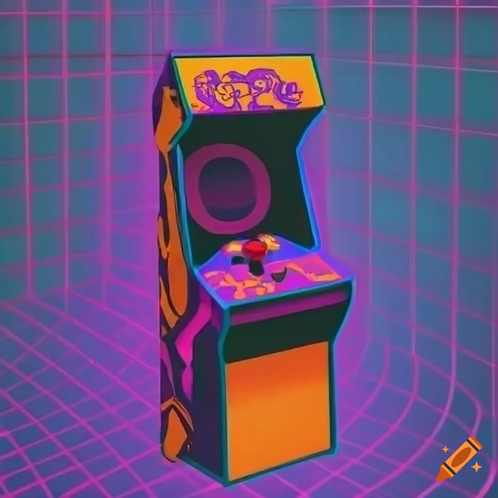 Retrowave arcade machine in neon grid background on Craiyon