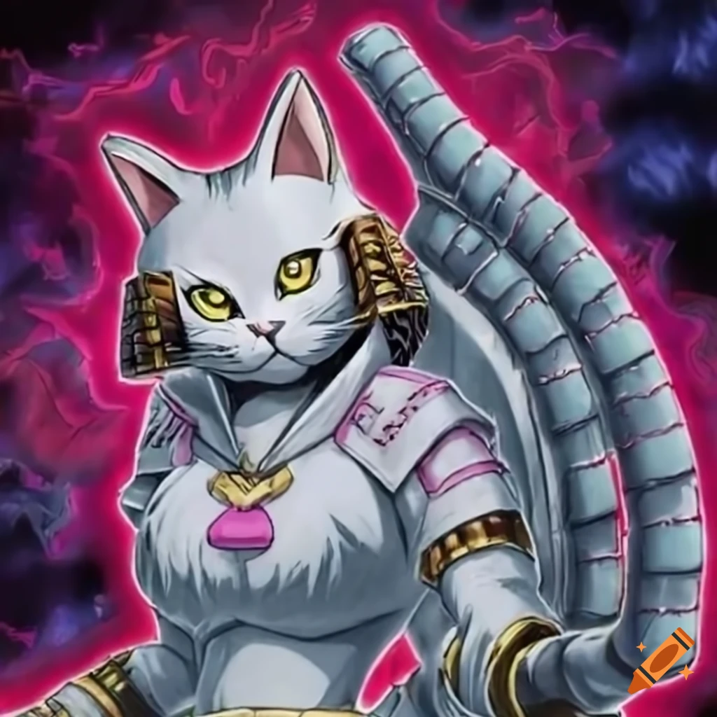 Yu-Gi-Oh card featuring a white cat samurai on Craiyon