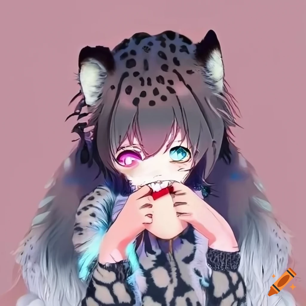 Description of a fluffy snow leopard hybrid character on Craiyon