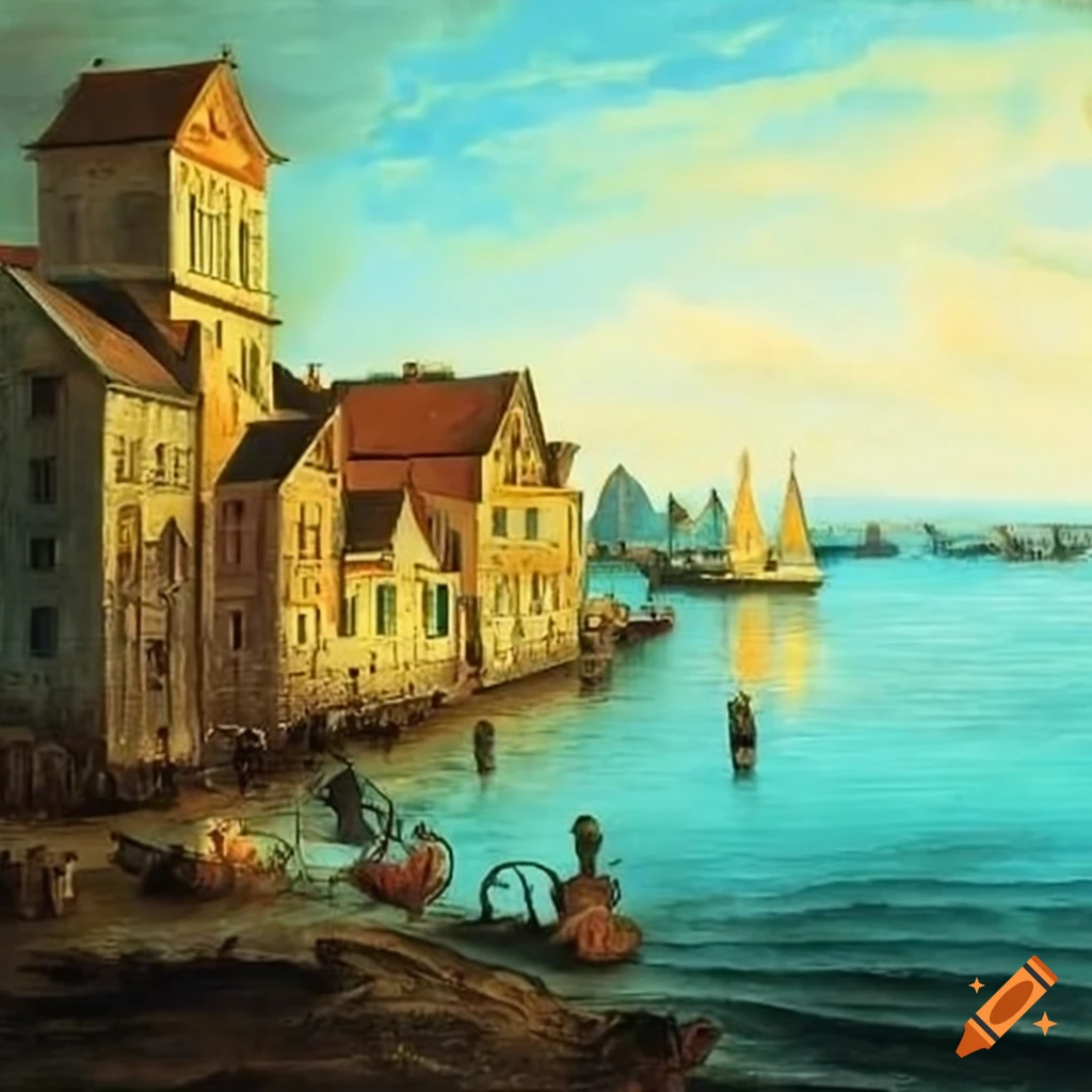Illustration of coastal town in the 1700s