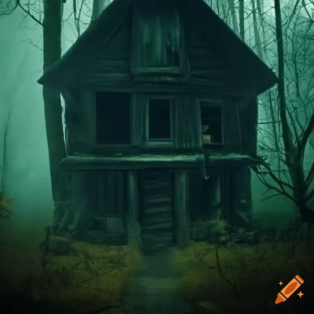 Illustration of a creepy cabin in the woods on Craiyon