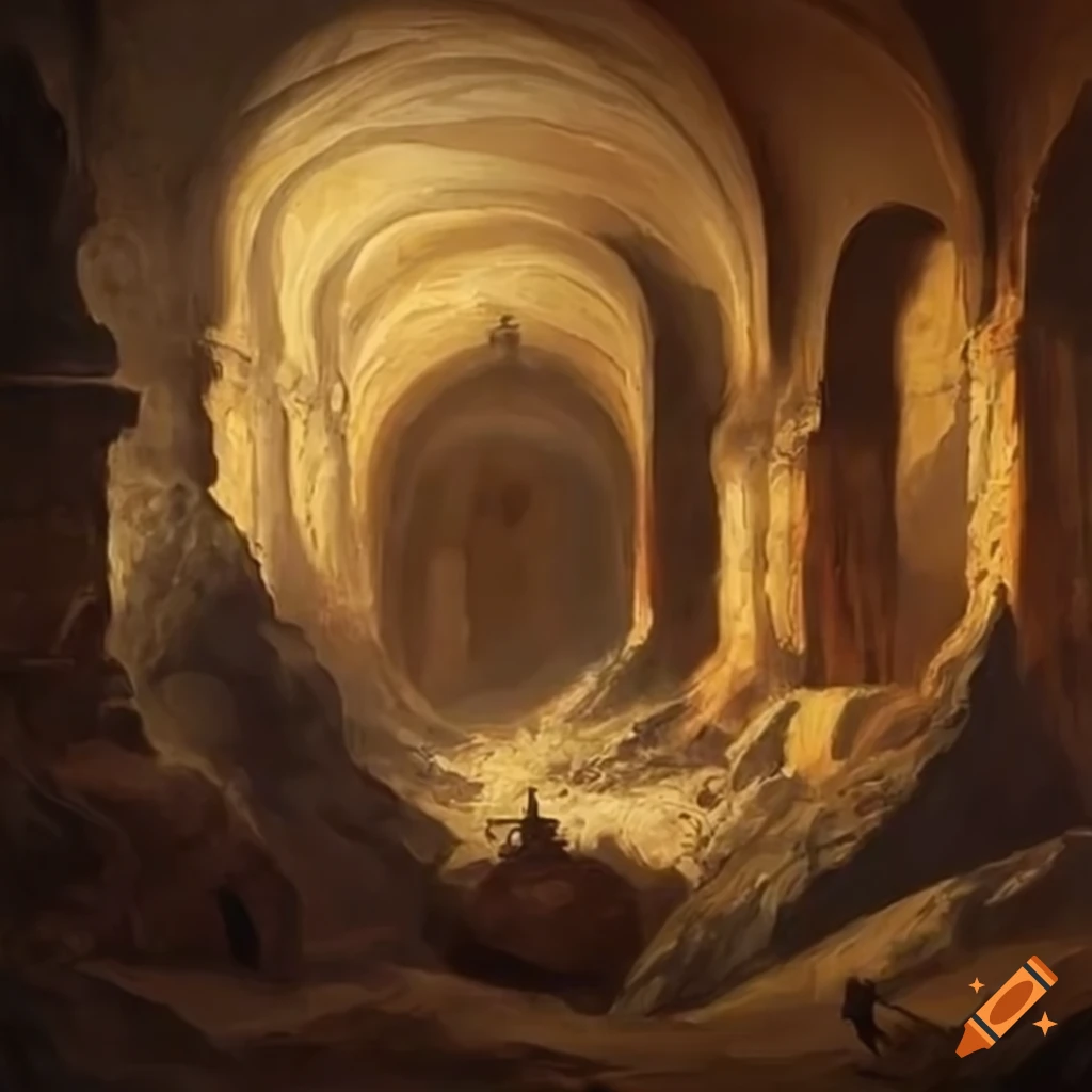 Painting of an ancient subterranean vault filled with teeth