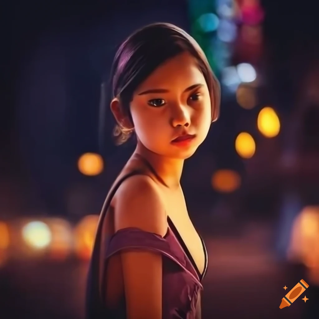 Asian girl in light clothes near a forest lake on a full moon night on ...