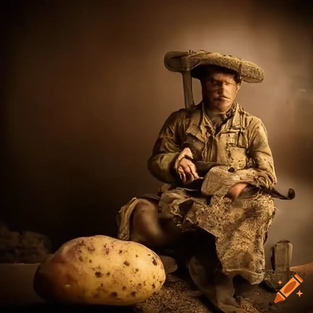 Image of a soldier peeling potatoes during war on Craiyon