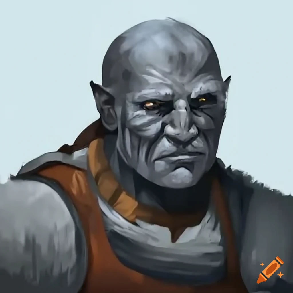 Close-up of a grey-skinned blacksmith character