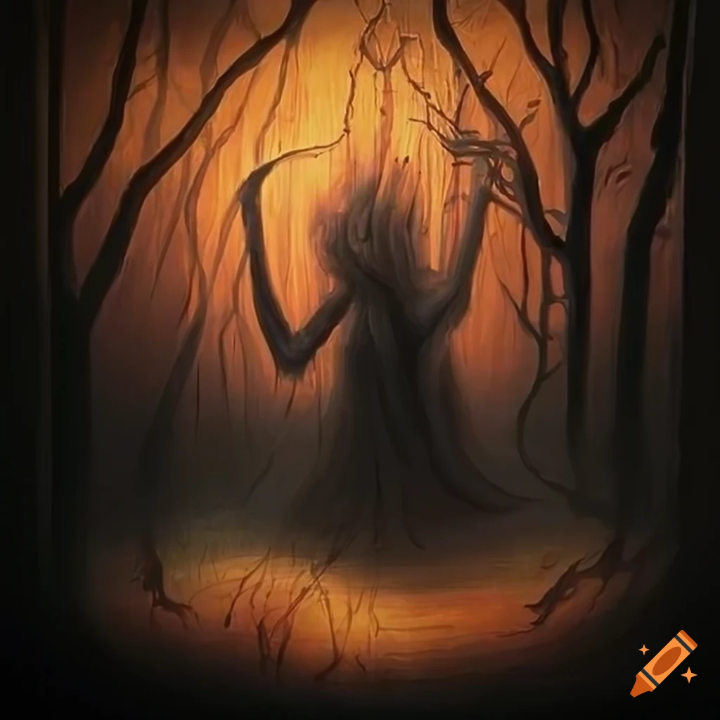 Unusual female tree creature in a misty sunset painting on Craiyon