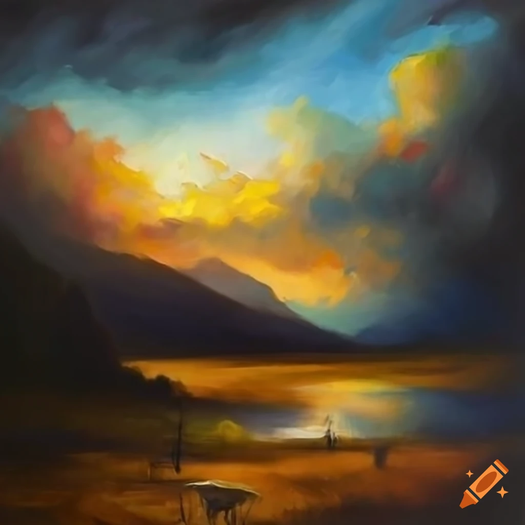 Dramatic oil painting of a valley and approaching storm