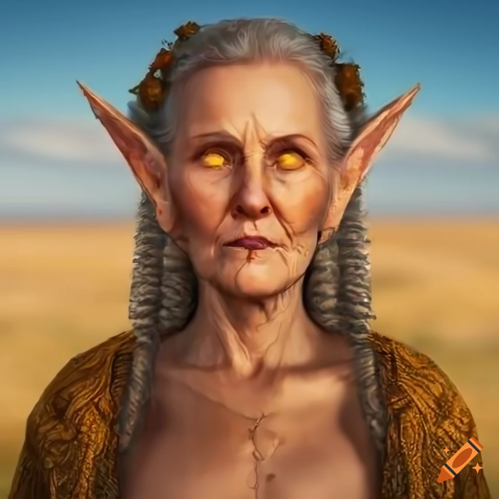 Portrait of a golden-skinned old woman with elf ears and long brown hair
