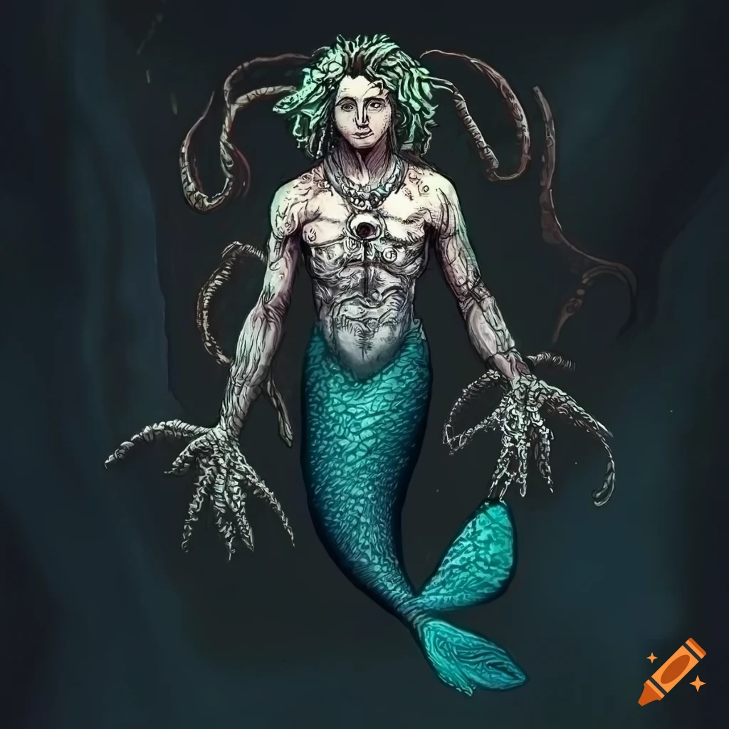 Etching of a Lovecraftian merman monster on Craiyon