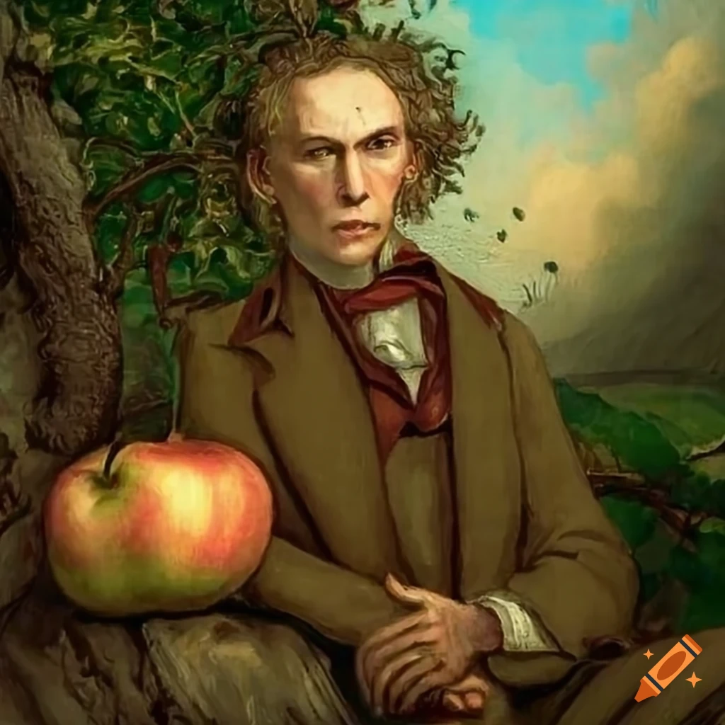 Painting of issac newton under an apple tree
