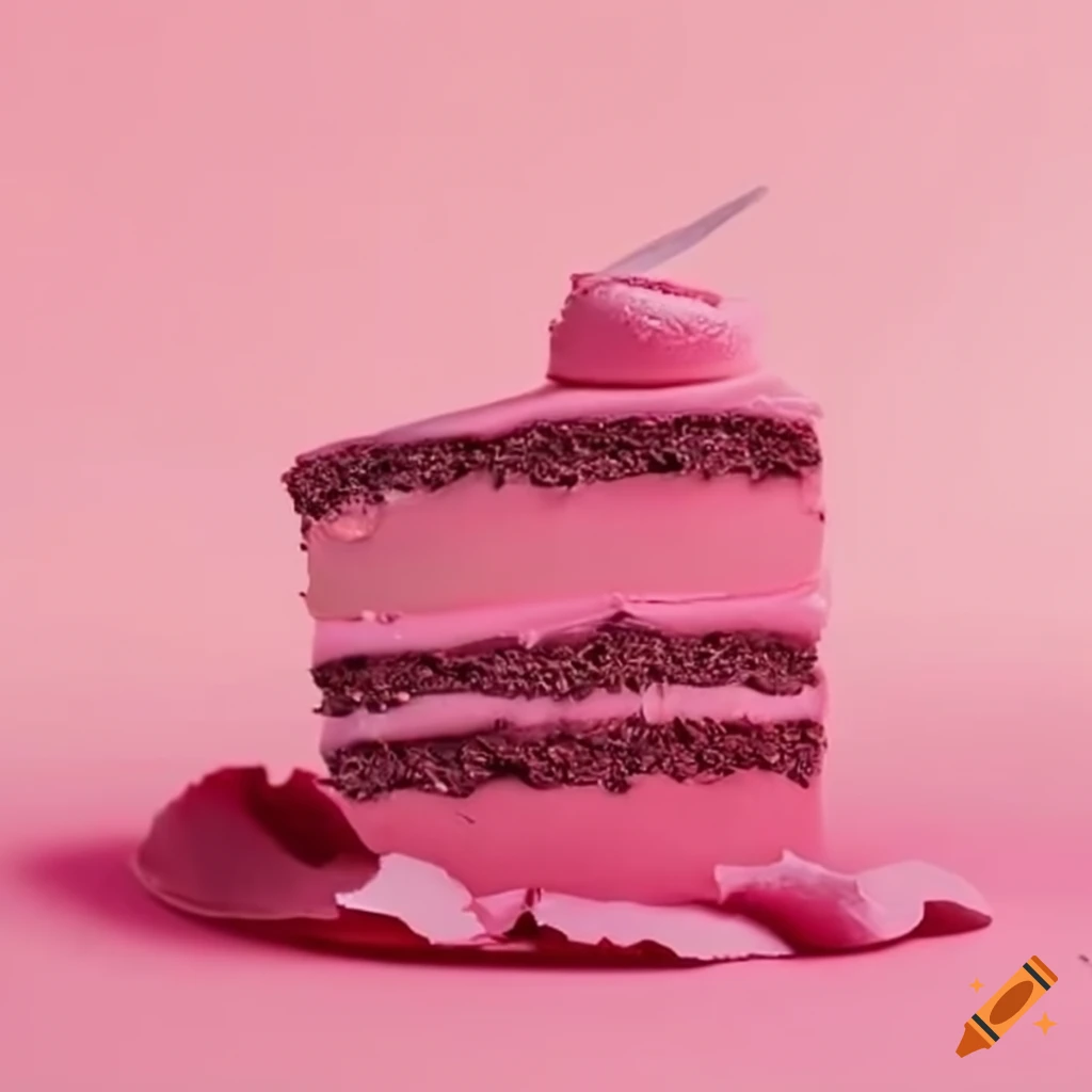 Smashed pink cake on a pink background