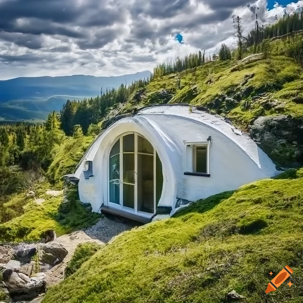 Photograph of a modern hobbit house on a mossy mountain on Craiyon