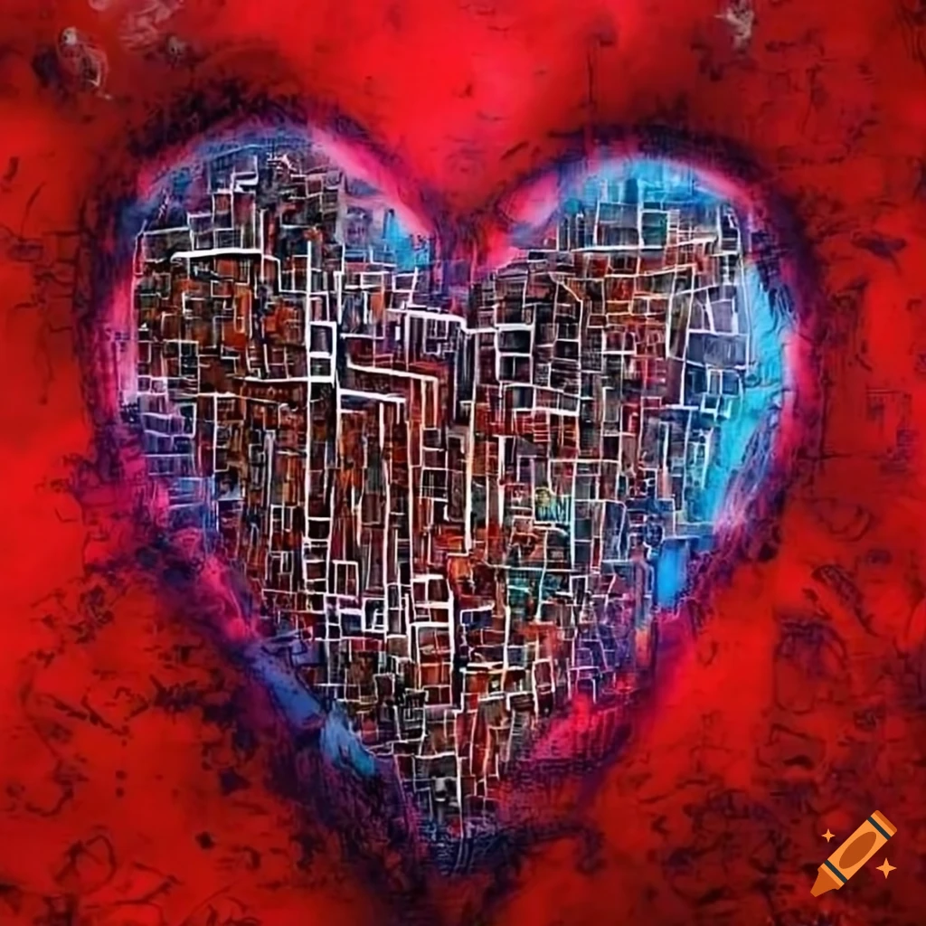 Artwork of a city map shaped like a heart on Craiyon