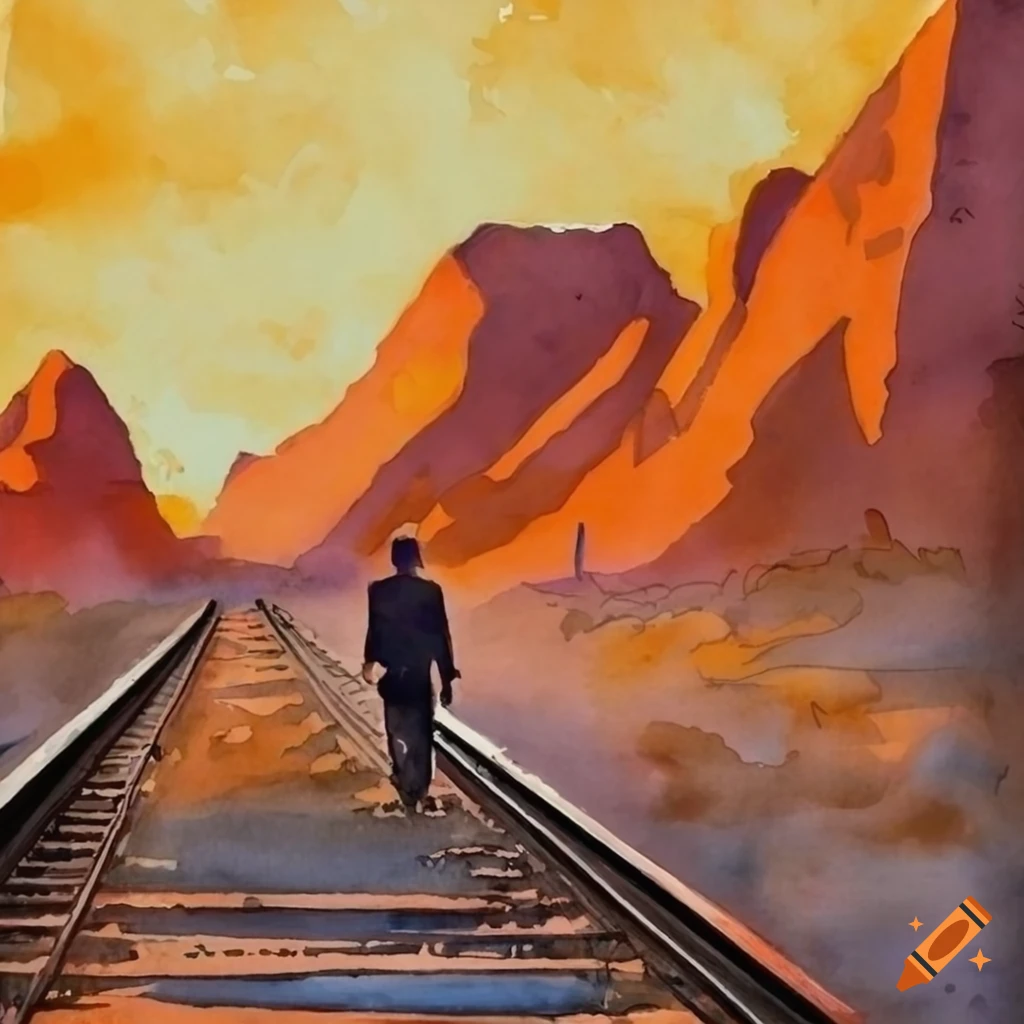 Watercolor painting of a man walking in a desert landscape on Craiyon