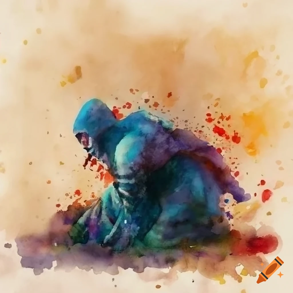 Watercolor painting of a wounded warrior in a fantasy battlefield on ...