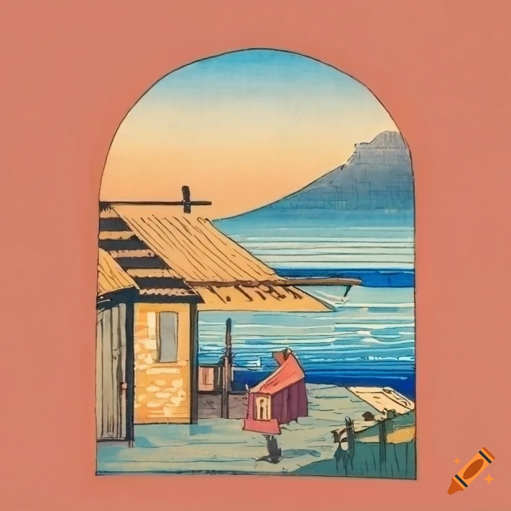Ukiyoe-style illustration of drinking milk tea in a seaside town on Craiyon