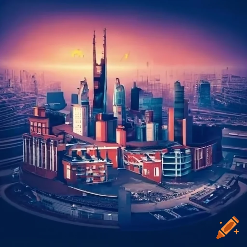 Cityscape with a factory and football stadium