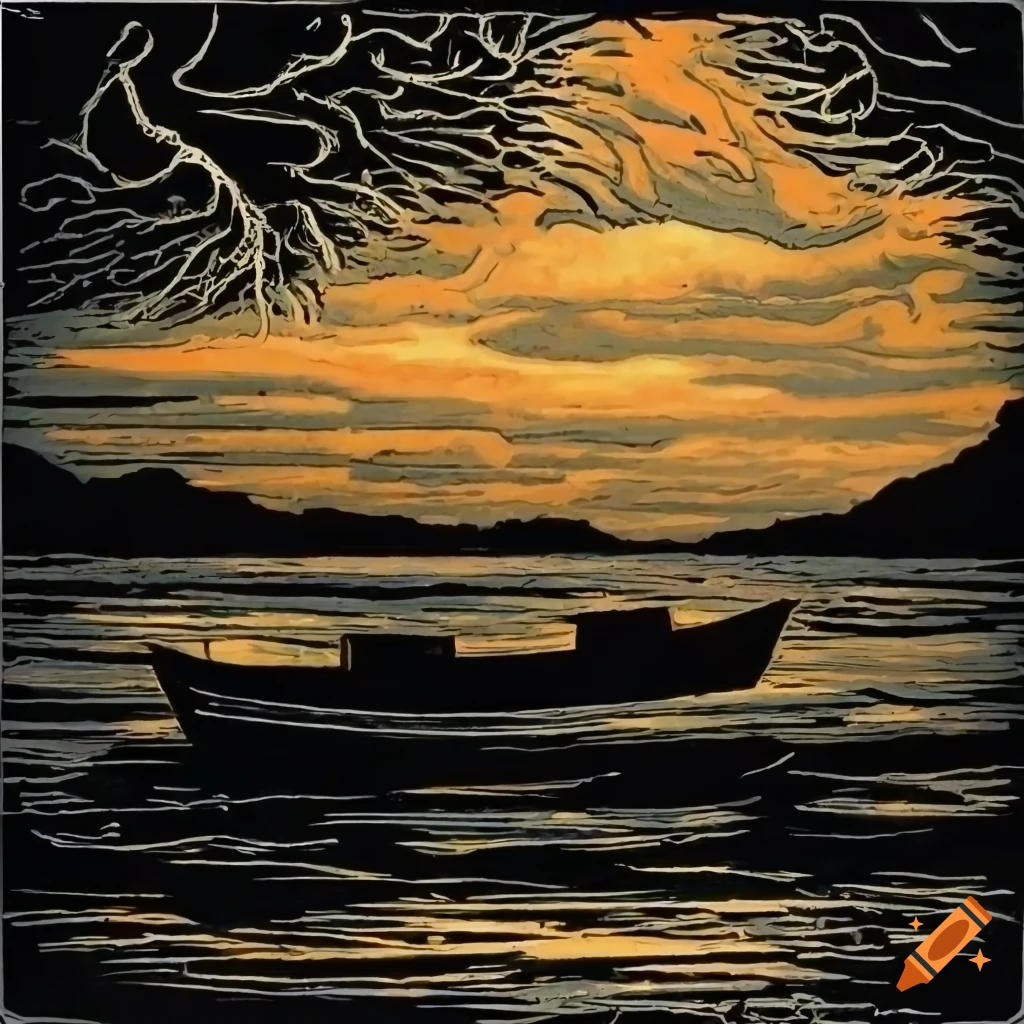 Grayscale high contrast linocut boat on a lake by the woods on Craiyon