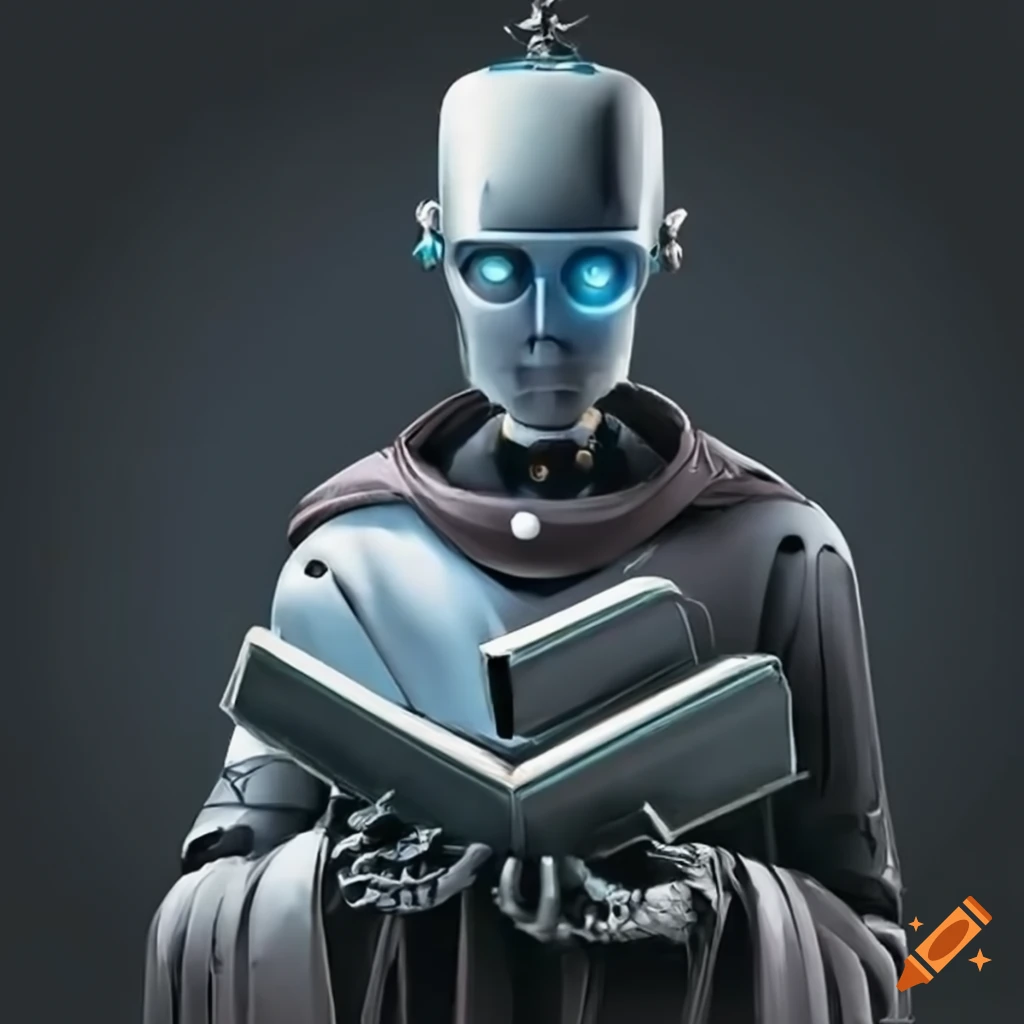 Robot in a priest outfit holding a bible