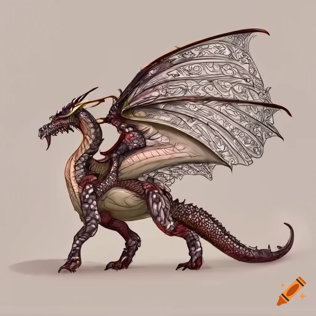 Side view illustration of a detailed dragon with wings on Craiyon