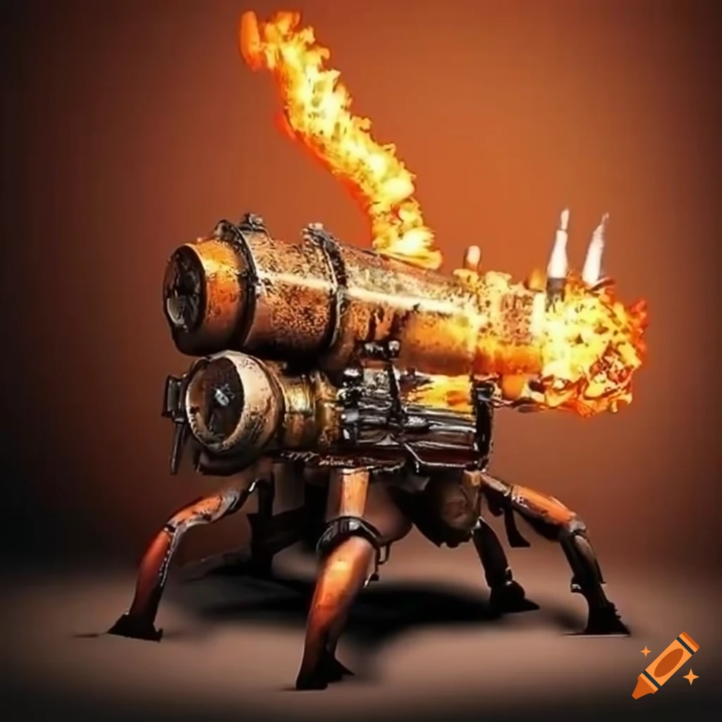 Steampunk flamethrower cannon mounted on robotic crab legs