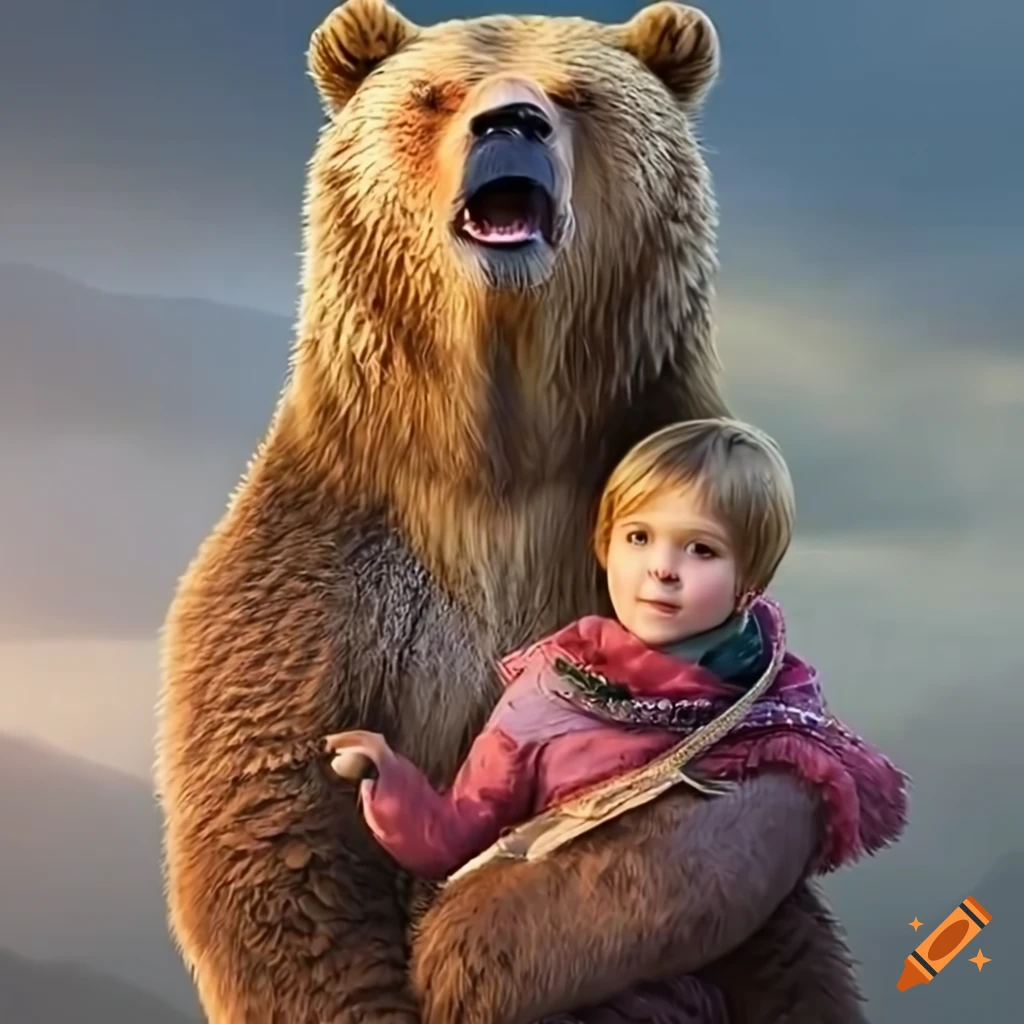Realistic art of a grizzly bear carrying a little girl on Craiyon