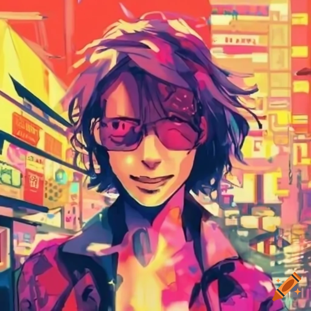 Yoji shinkawa-style depiction of a vibrant futuristic shopping street