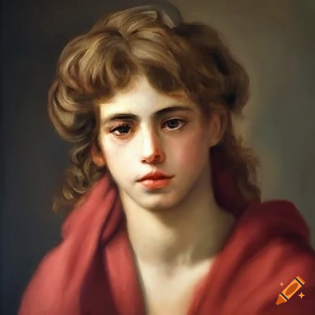 Baroque painting of a young man with angelic features and red blanket ...