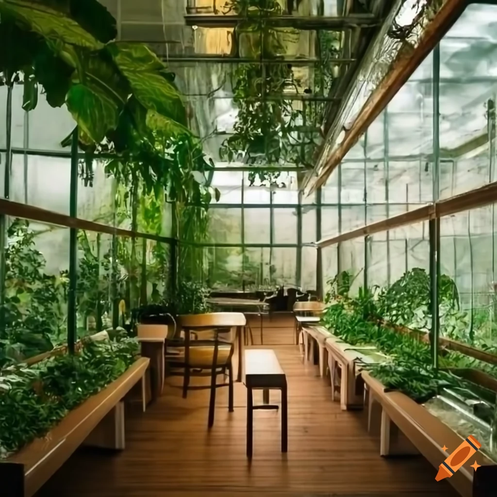 Modern and tropical cafe inside a greenhouse
