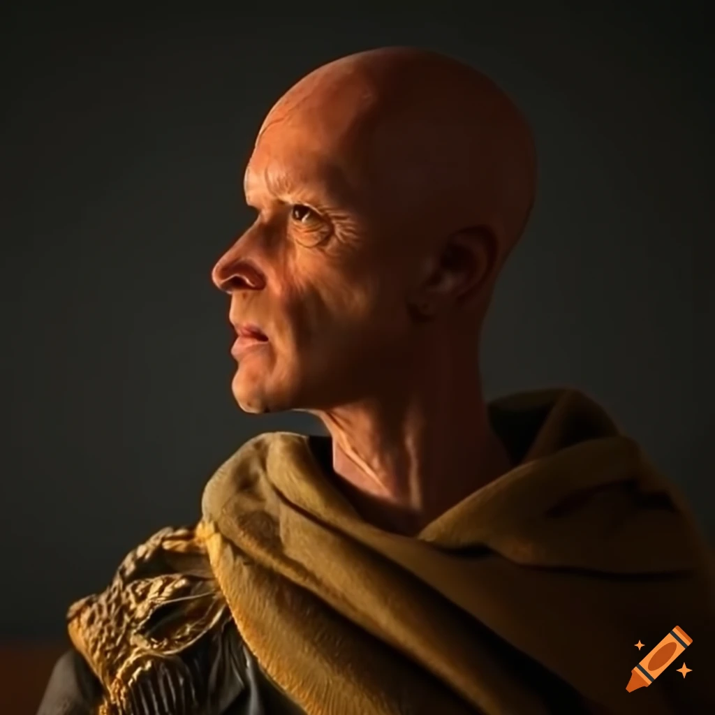 Friendly bald king's advisor with orange eyes on Craiyon