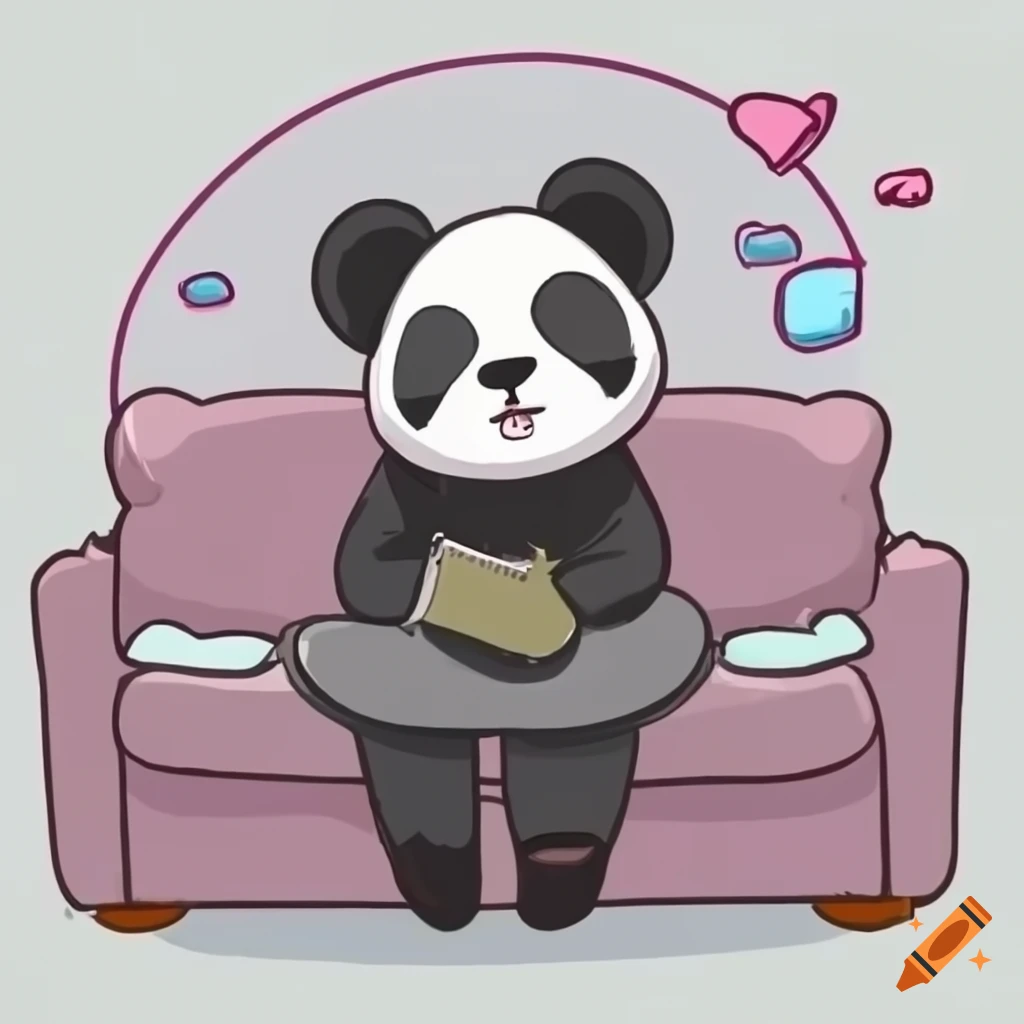 Chibi panda with pink gaming headphones sitting on a couch on Craiyon
