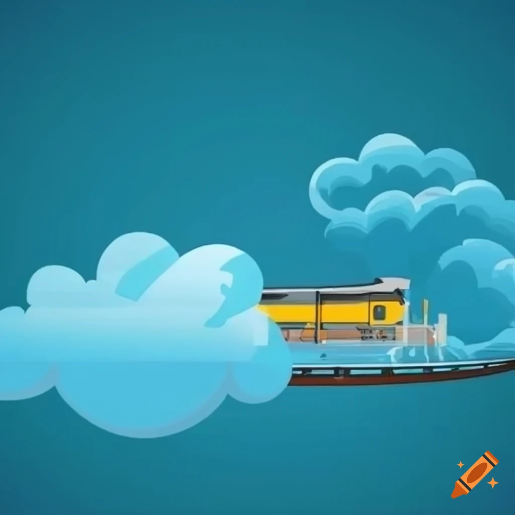 Cartoon illustration of a train migrating software to azure cloud