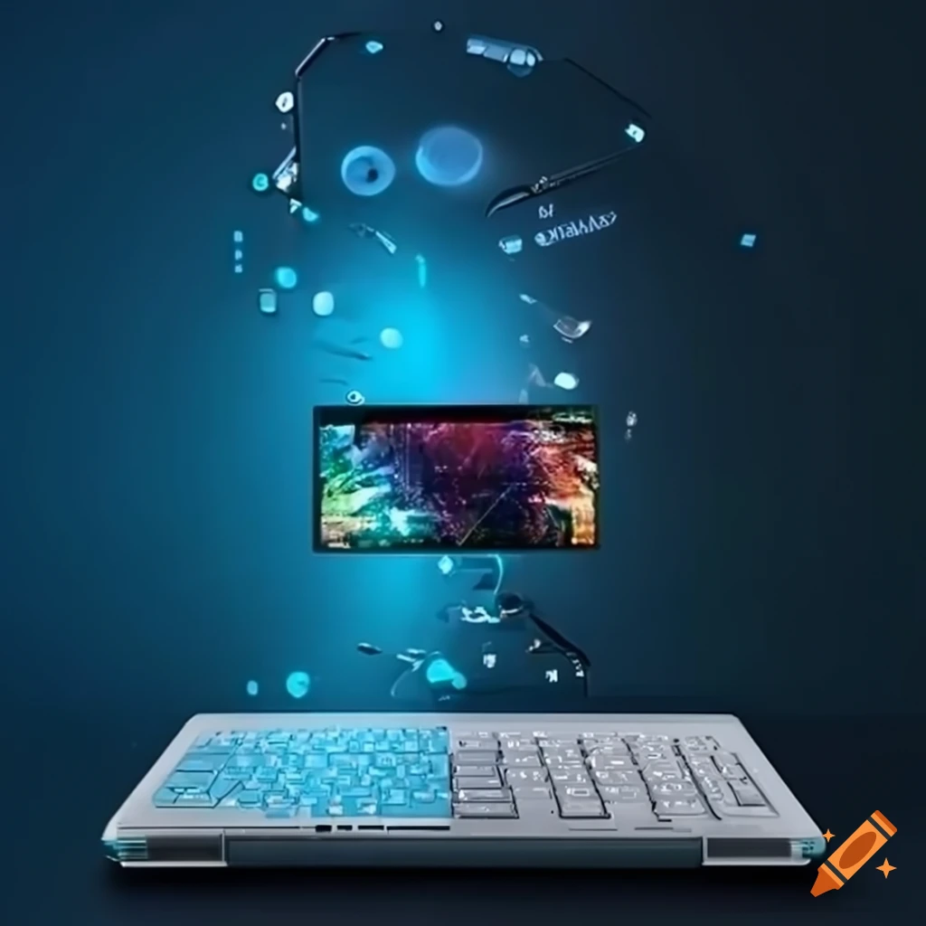 Computer keyboard with computer and monitor on the background of mars ...