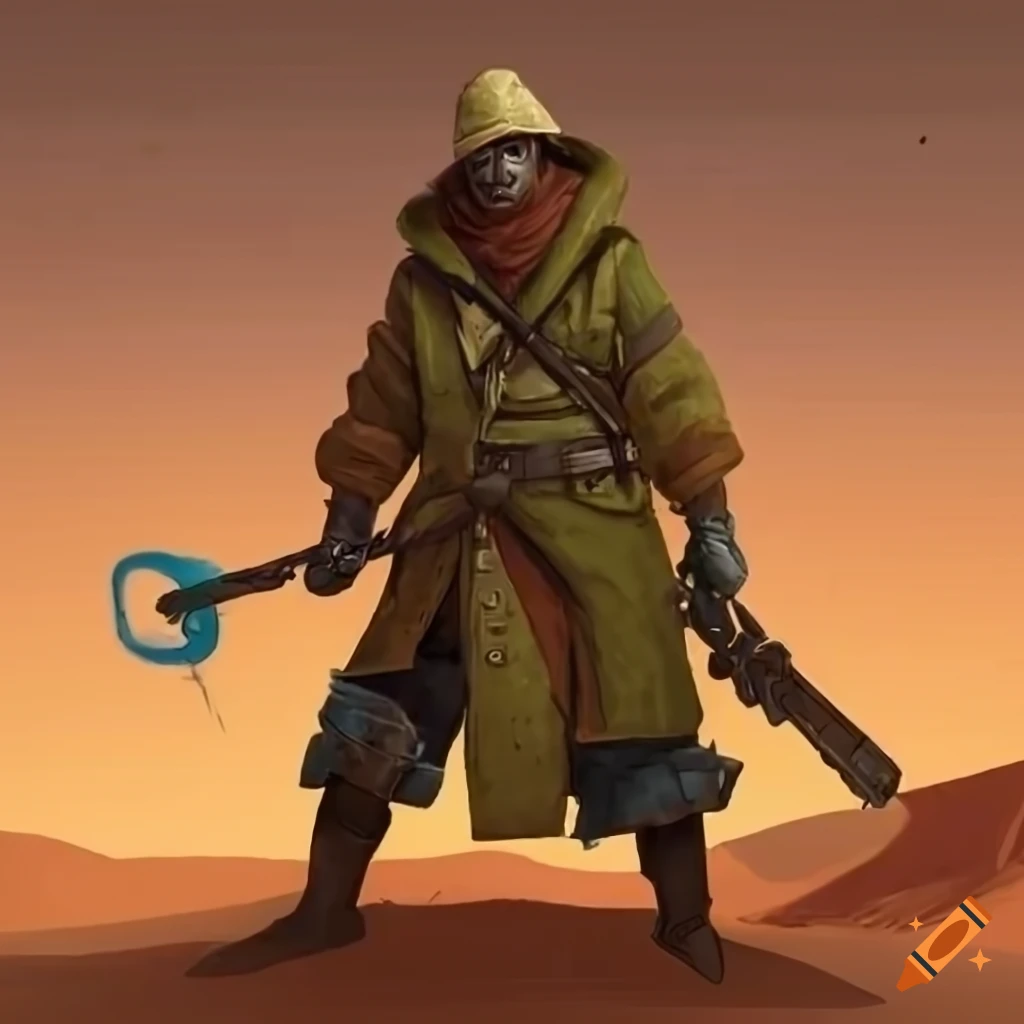 Post apocalyptic wanderer in desert with alien horse on Craiyon