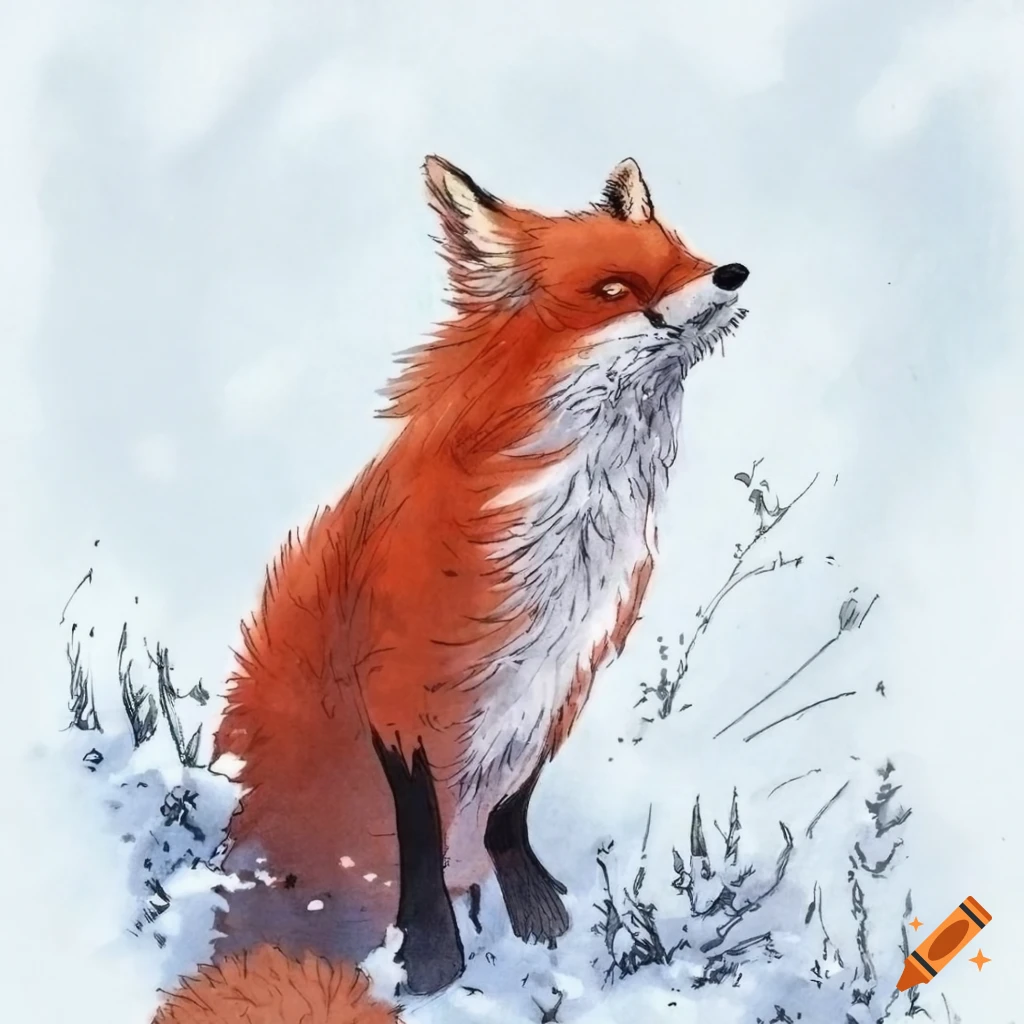 Detailed manga art of a red fox in the snow on Craiyon