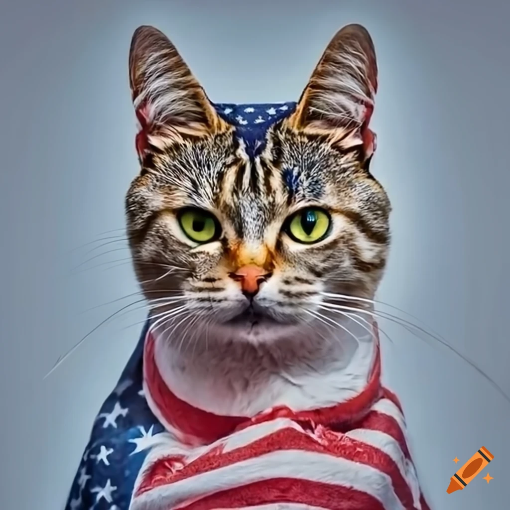 American cat draped in american flag with us capitol building on Craiyon