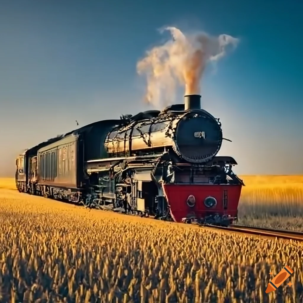 Steam powered train in a wheatfield