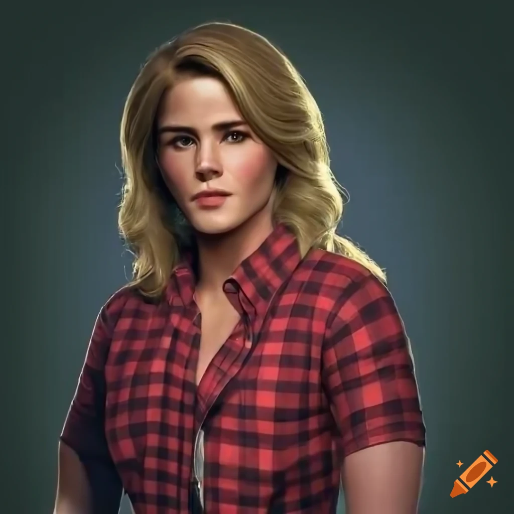 Actress Emily Bett Rickards in a red plaid shirt standing near a ...