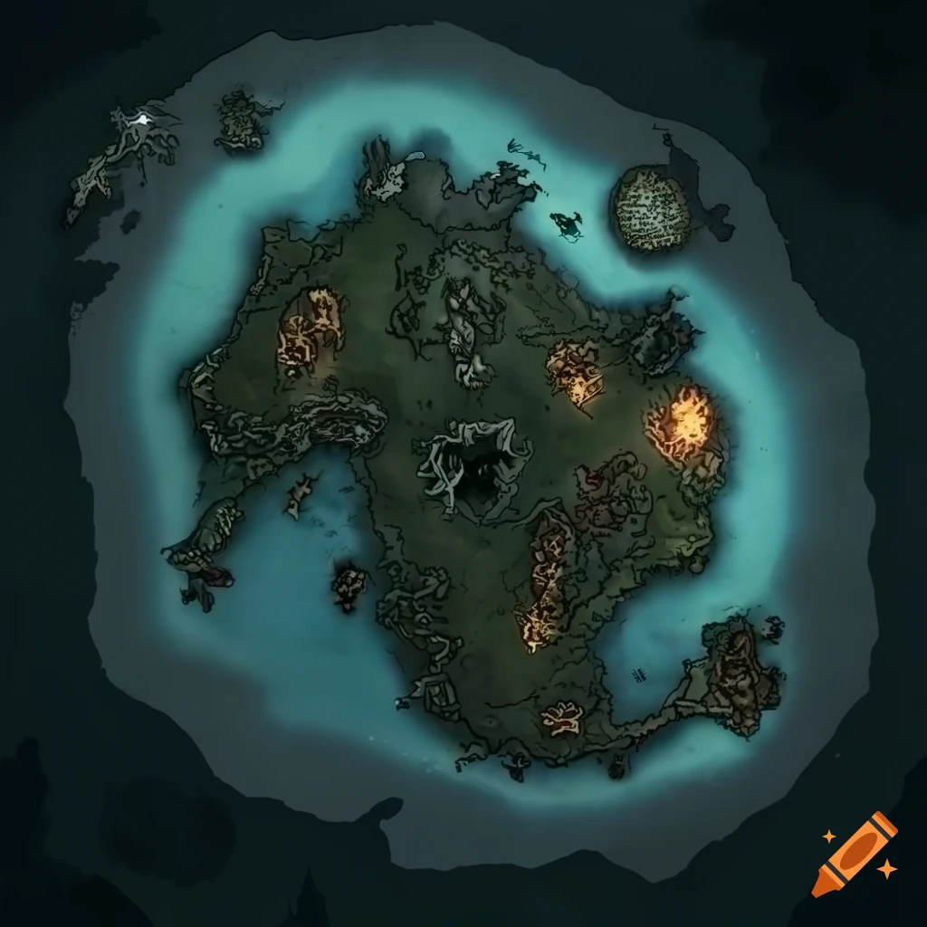 Detailed map of a dark fantasy world with multiple islands on Craiyon