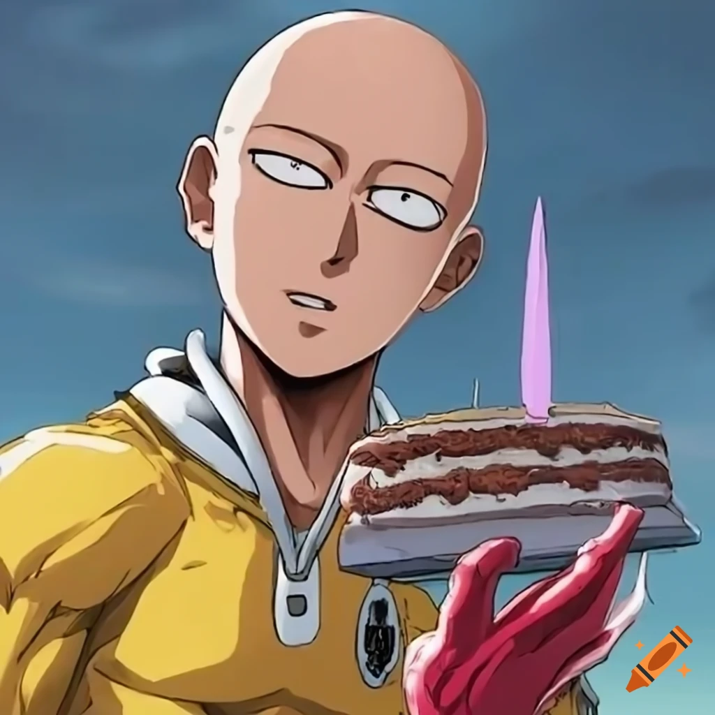 Saitama celebrating with a cake
