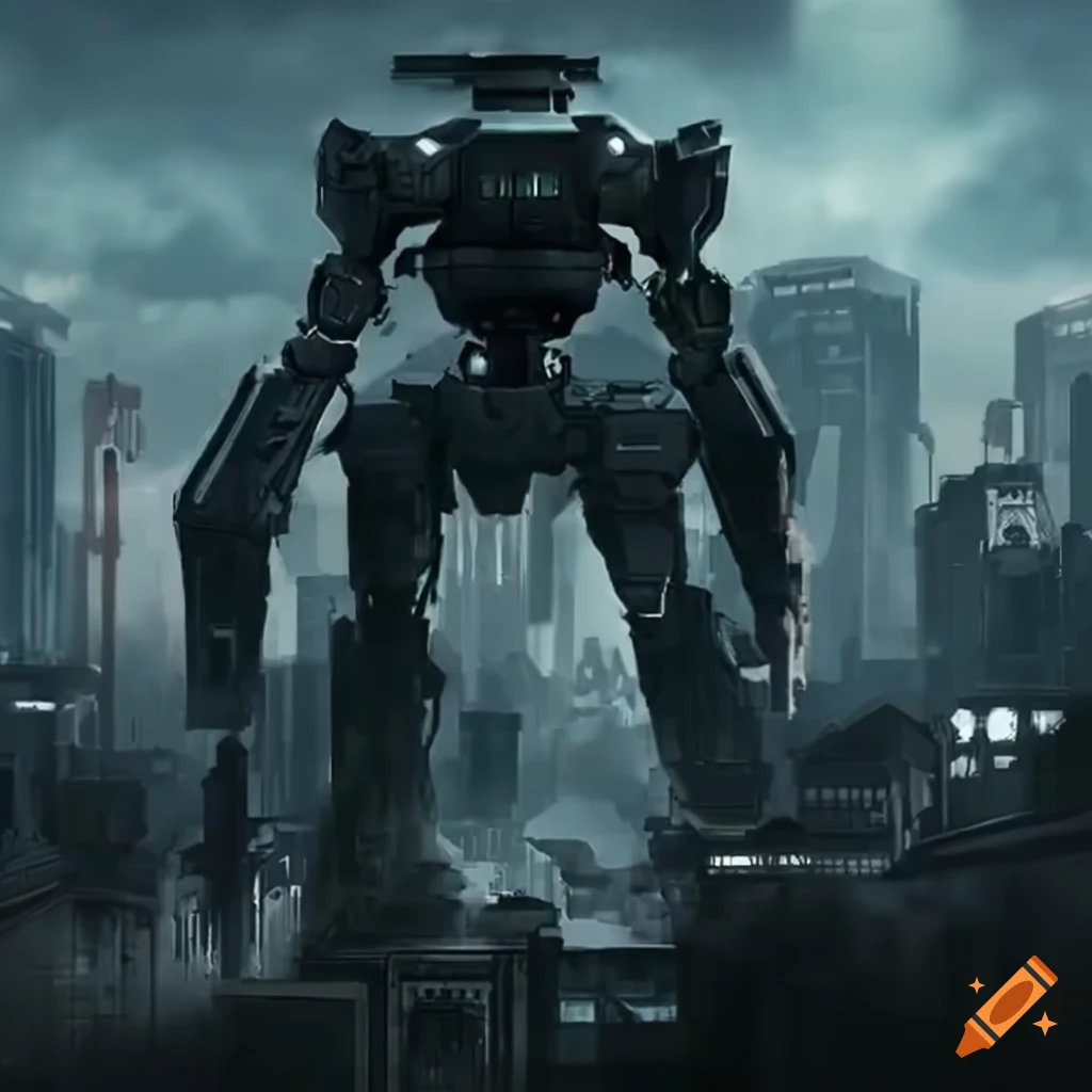 Image of a futuristic armored mech in a dystopian city on Craiyon