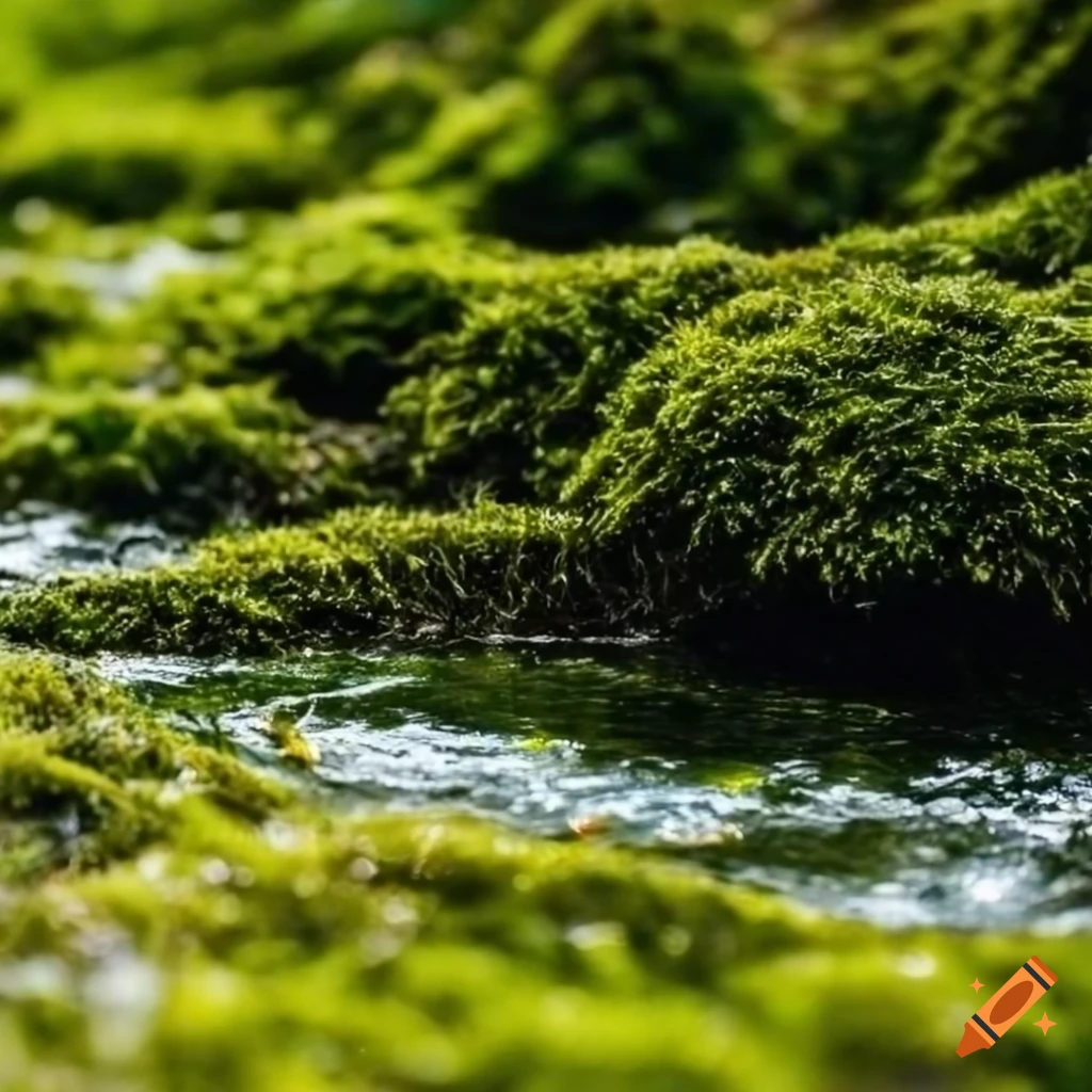 A serene river surrounded by moss and vegetation on Craiyon