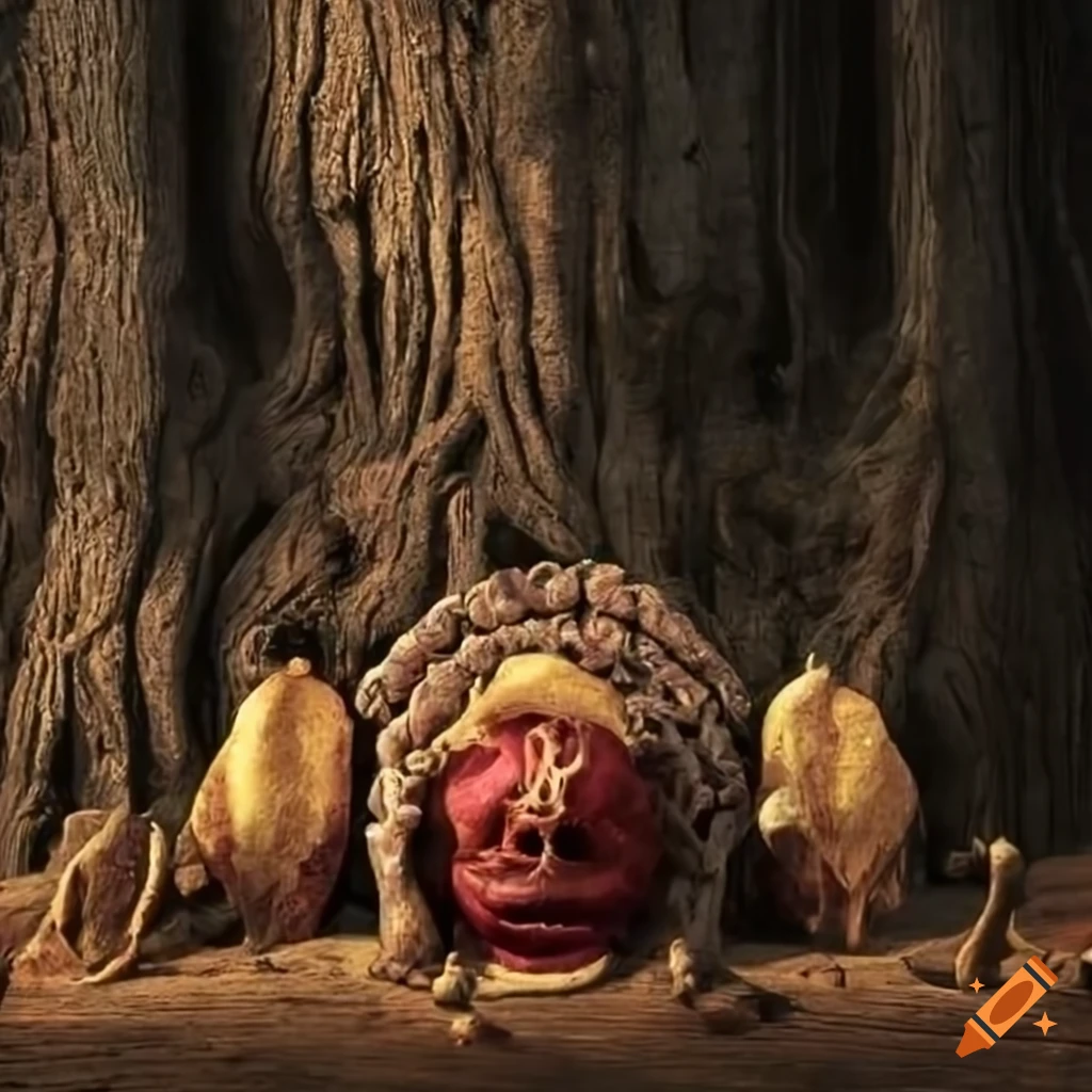 Stone altar under a tree with cattle bones on Craiyon