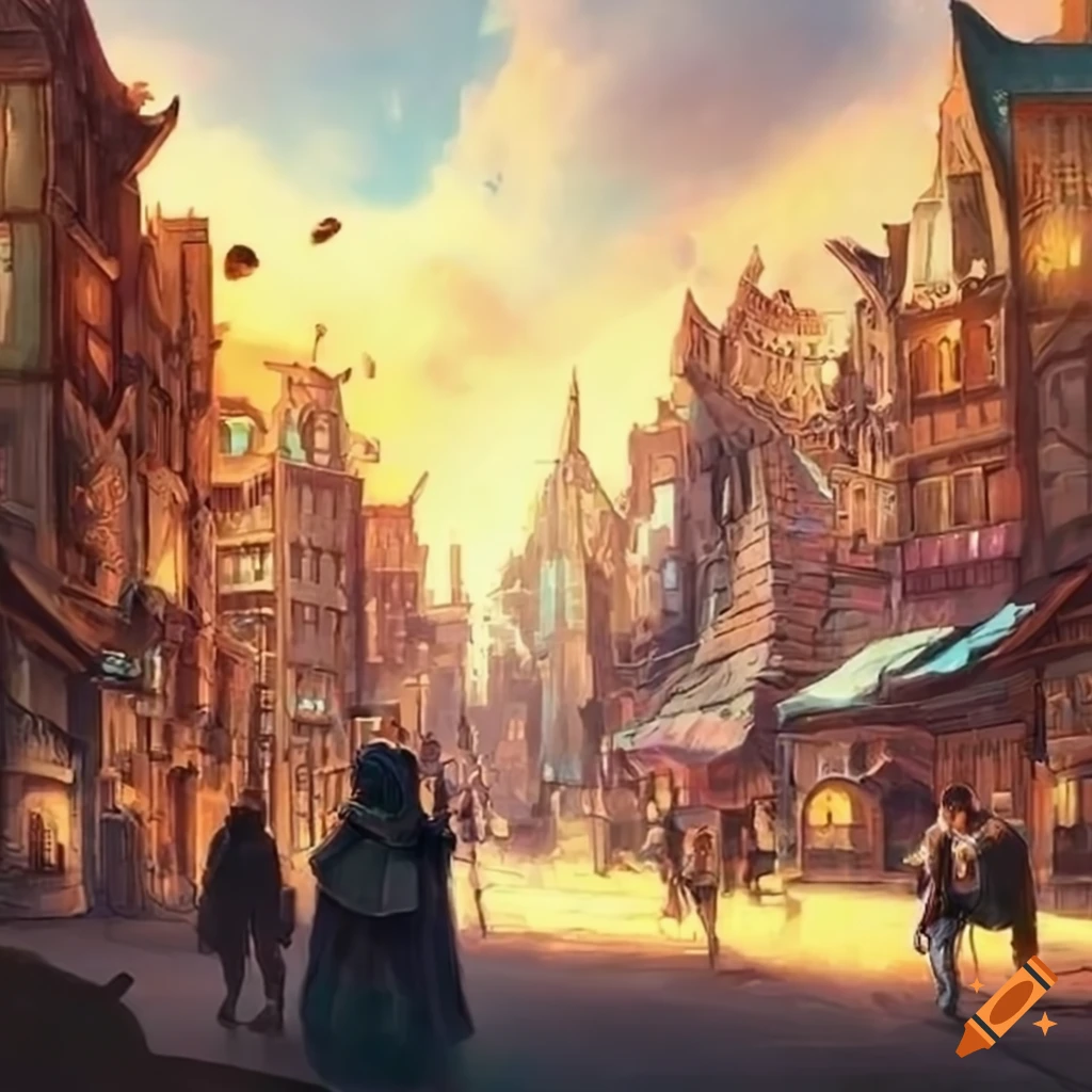 Image of a bustling fantasy port city