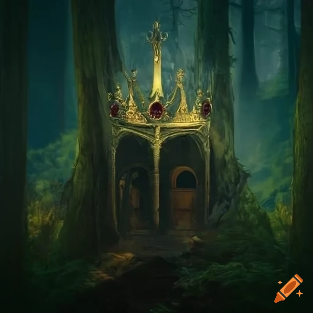 Image of a hidden king's crown in the woods on Craiyon