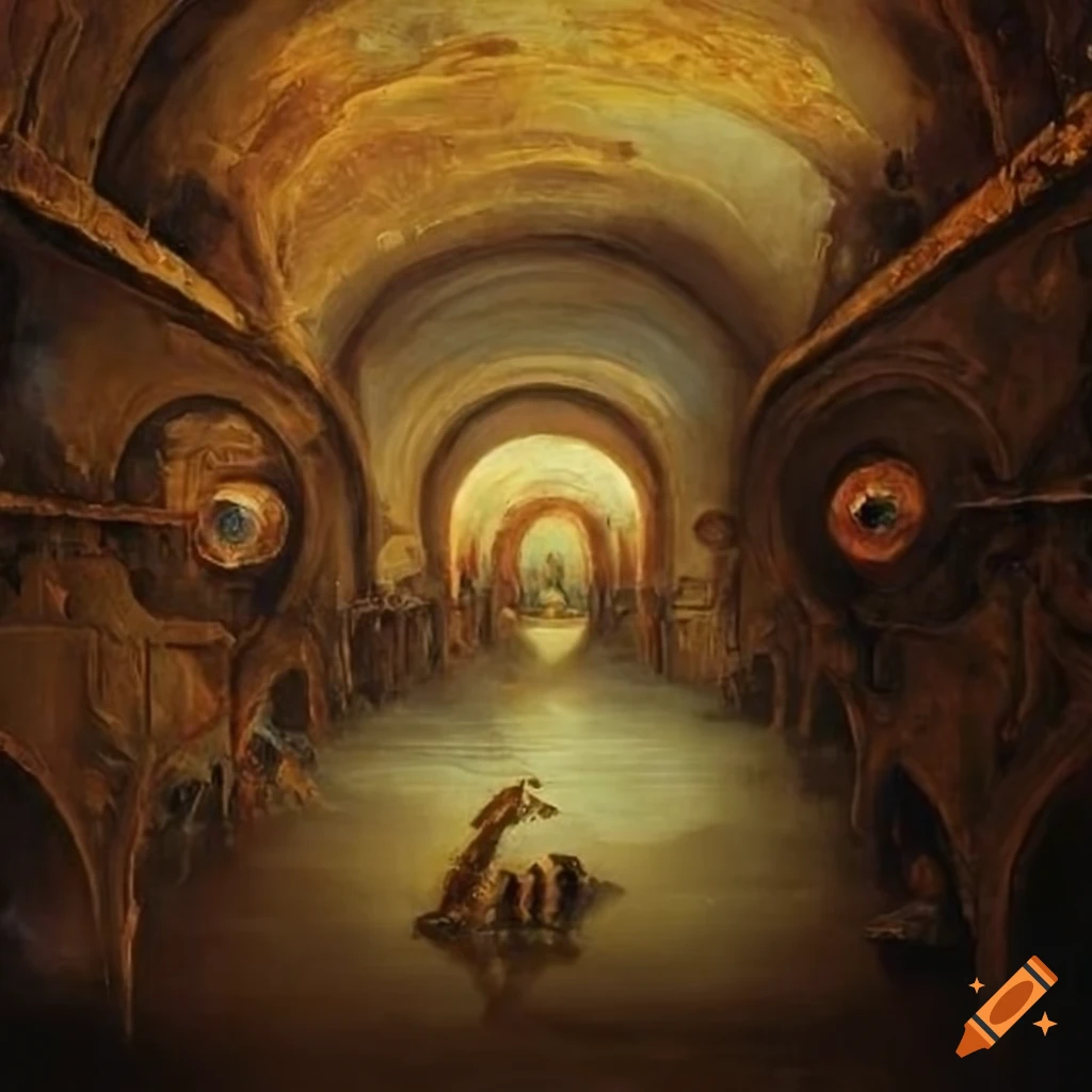 Oil painting of a massive subterranean vault with a dead god on Craiyon