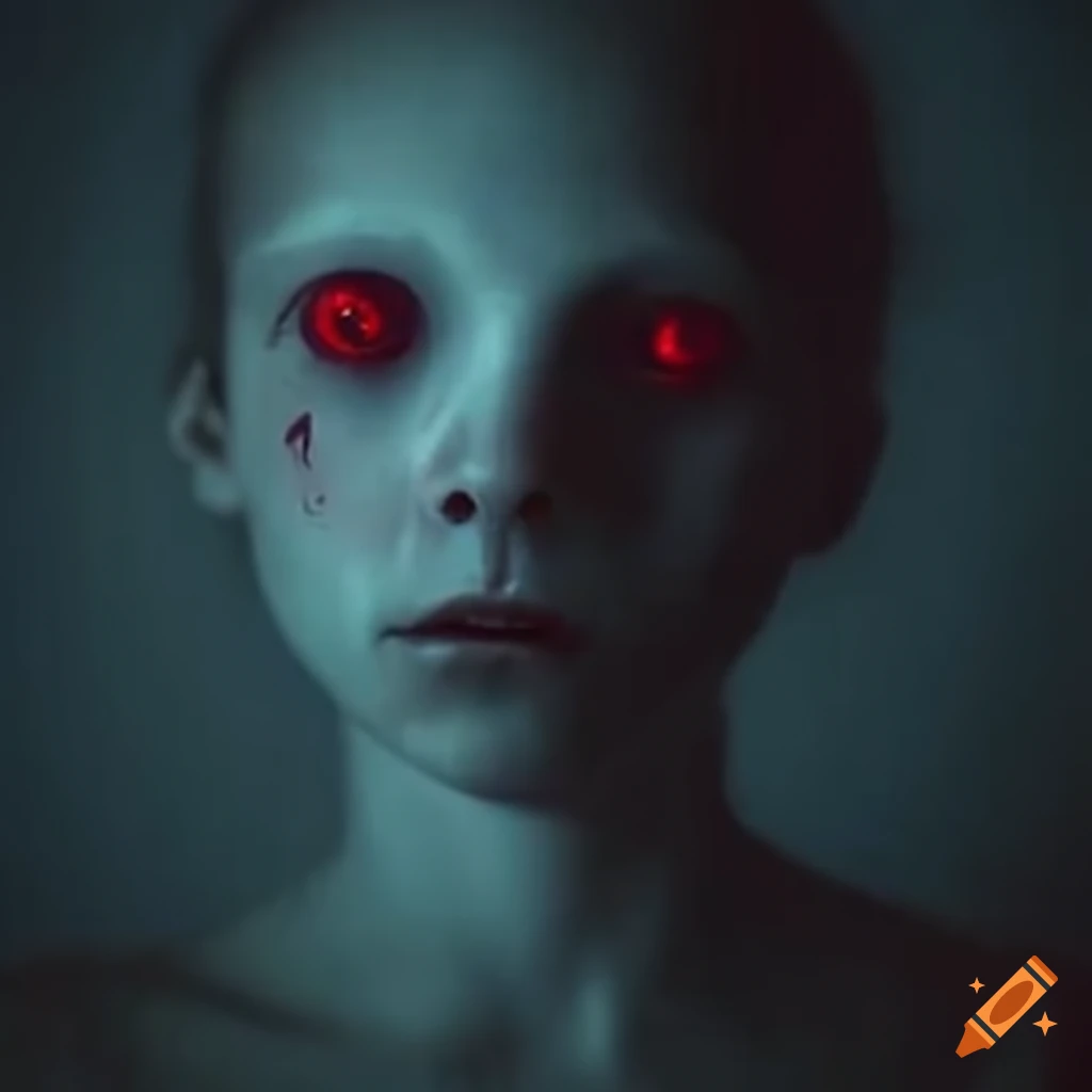 Pale skinned goddess with green hair and red eyes wearing a white mask ...