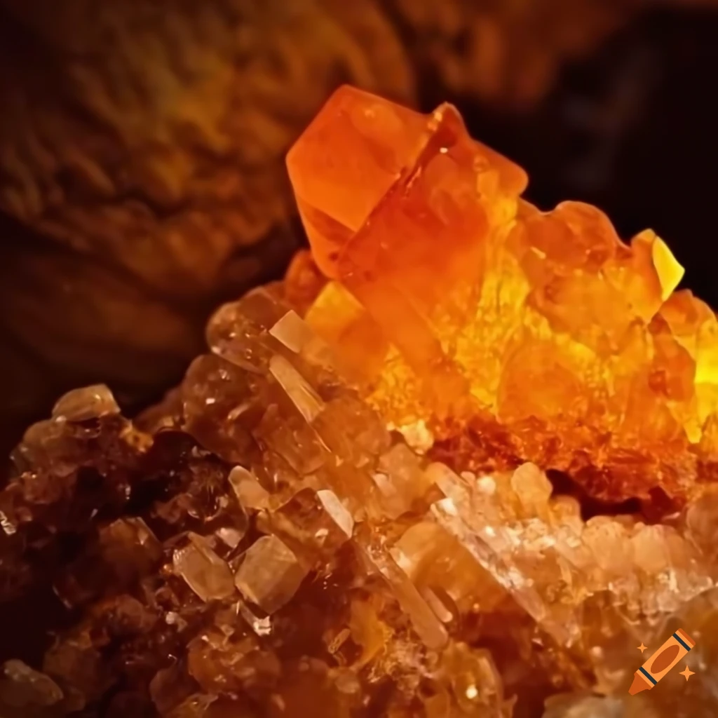 Close-up of orange crystals in a cave on Craiyon